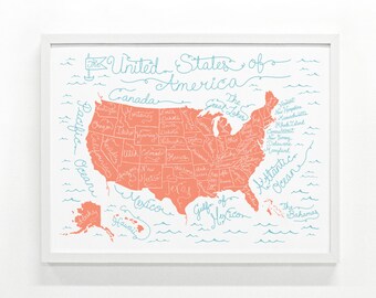 Large USA Map Heart Map. Bright Watercolor Style. Custom