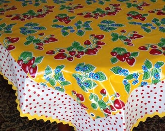 Retro rectangular oilcloth tablecloth with strawberries and red dots