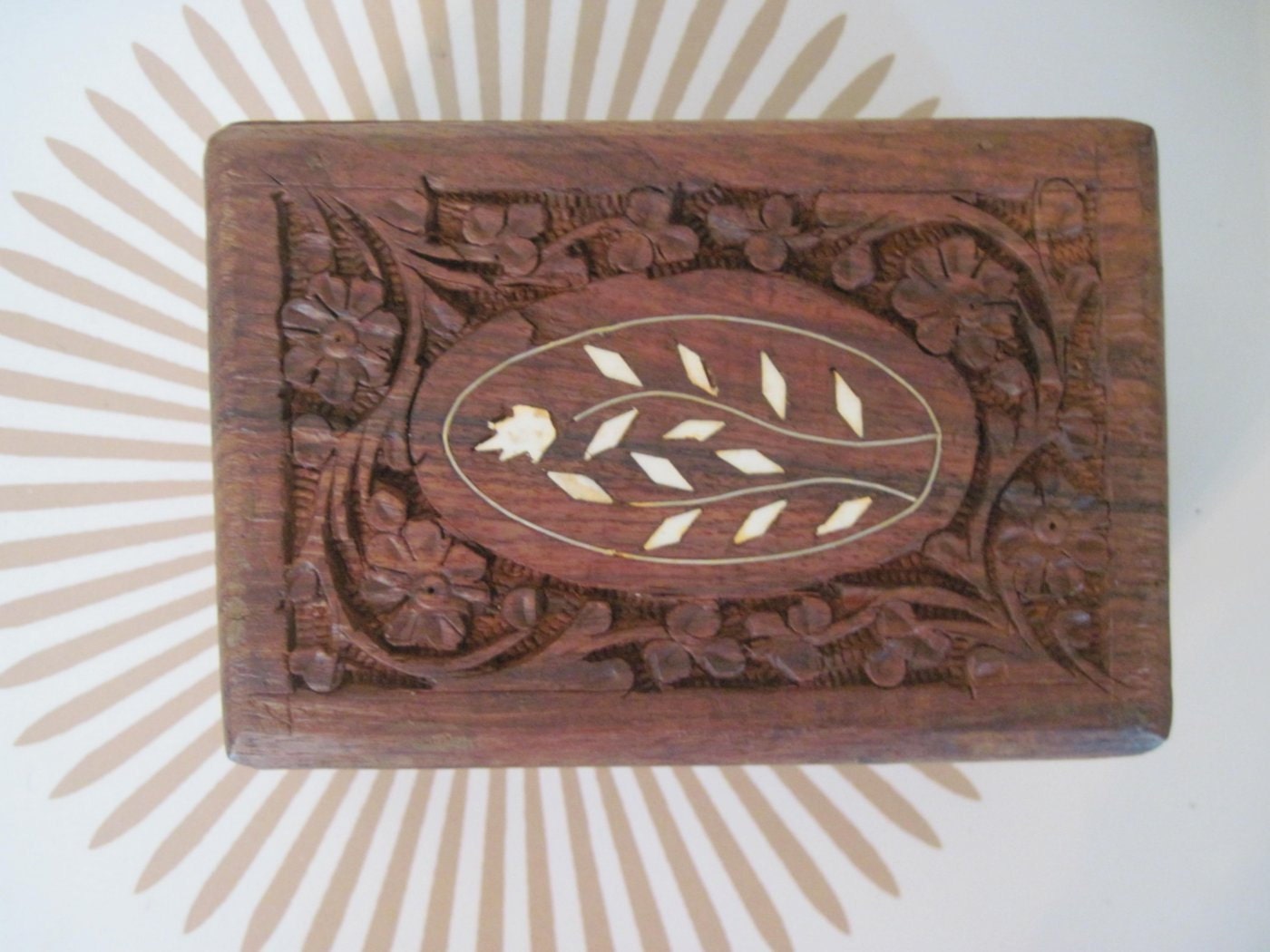 bohemian chic, vintage 1970s hand carved wooden box with inlay flowers ...
