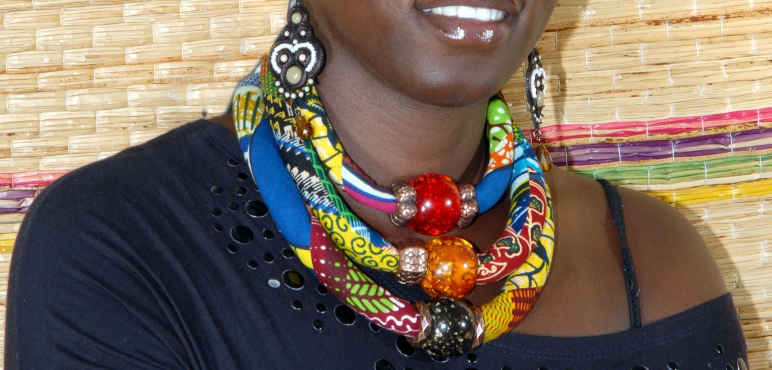 Chunky necklace/ African bold jewelry/ fabric cord necklace
