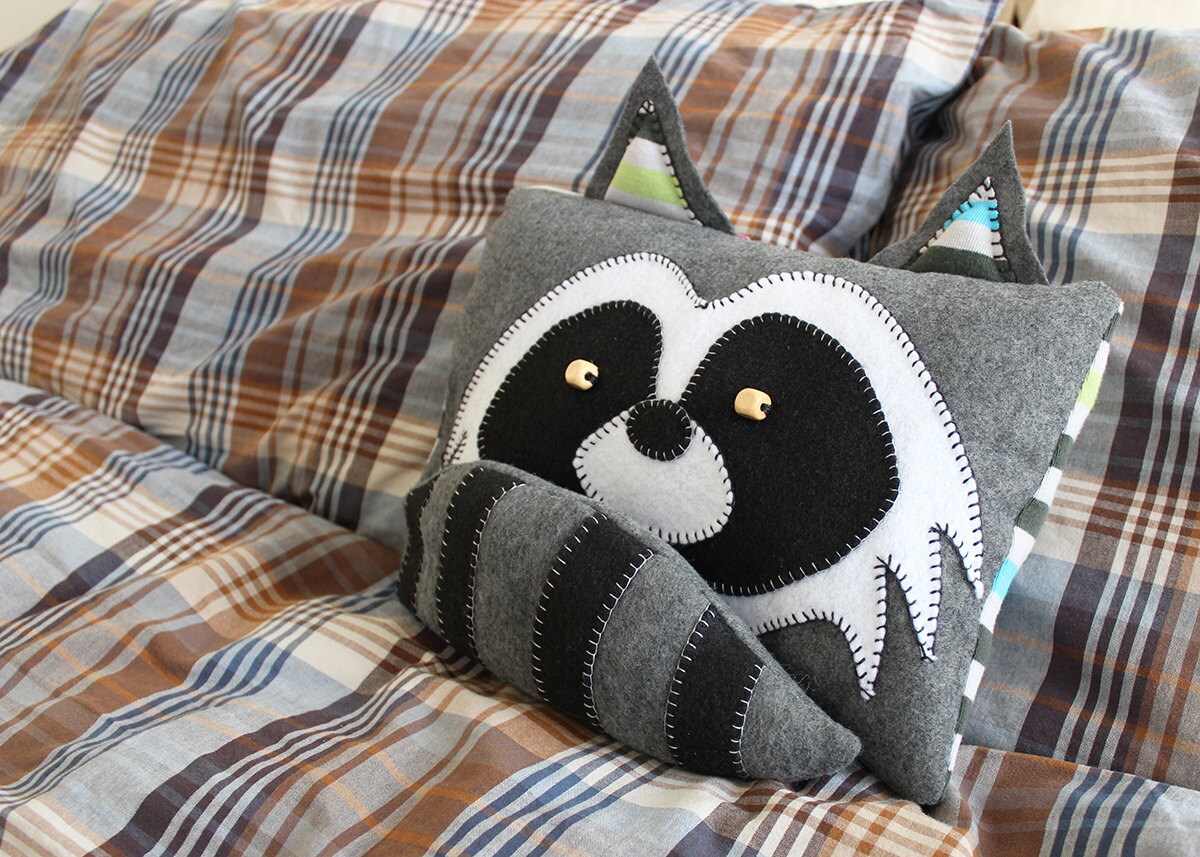 Handmade Raccoon Pillow with Tail by RoxyMakesThings on Etsy
