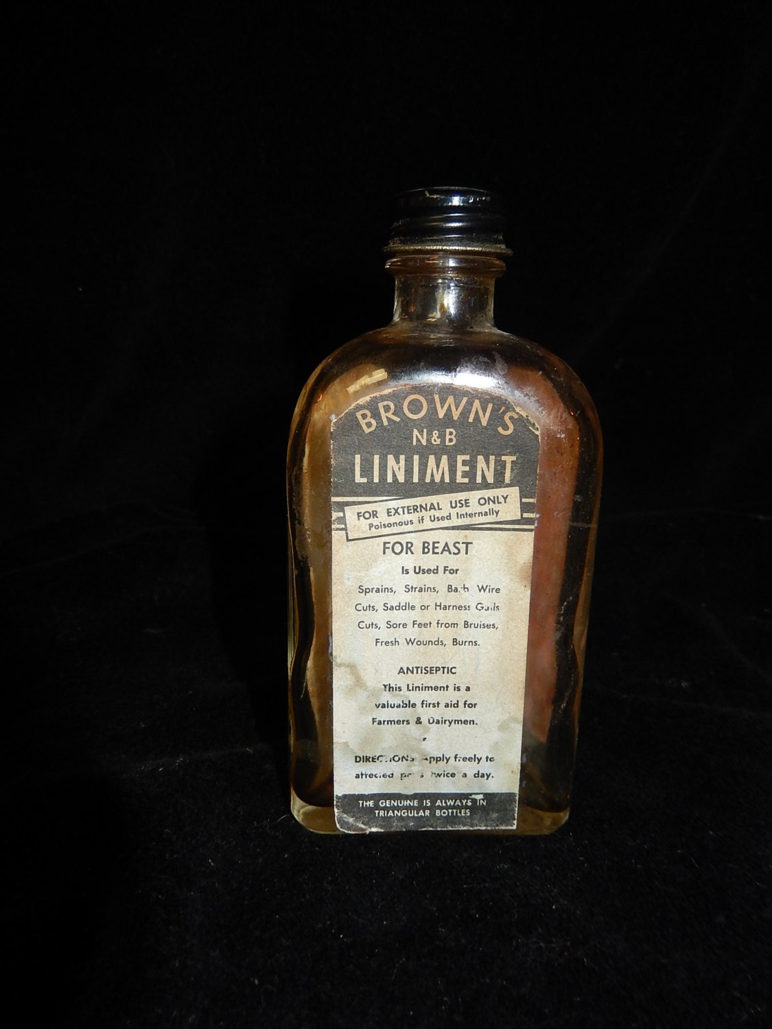 Antique Browns Liniment triangle bottle with 3 labels Brown