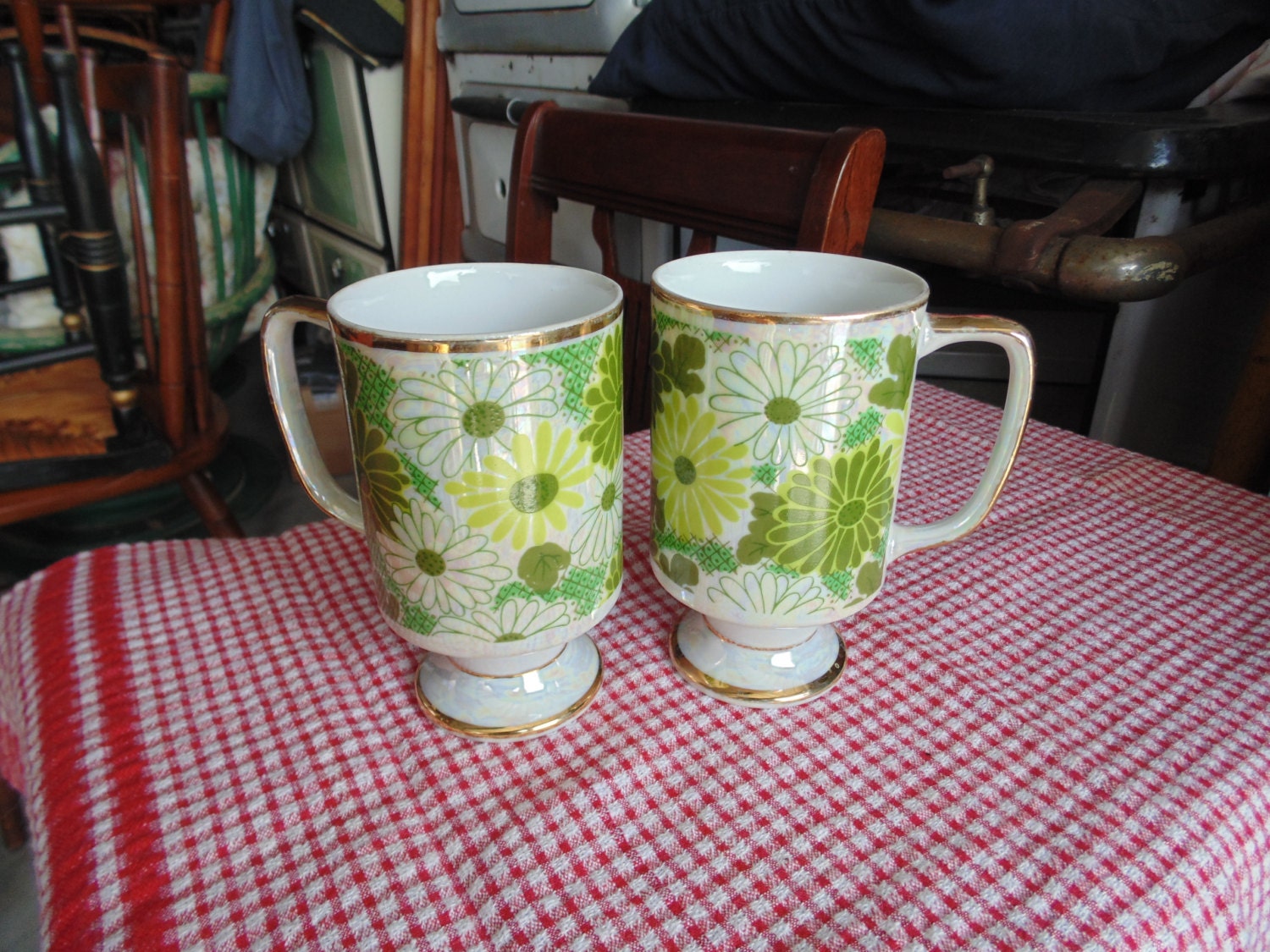 Vintage Pedestal Coffee Mugs Decorated with Green Flowers and Pearl ...