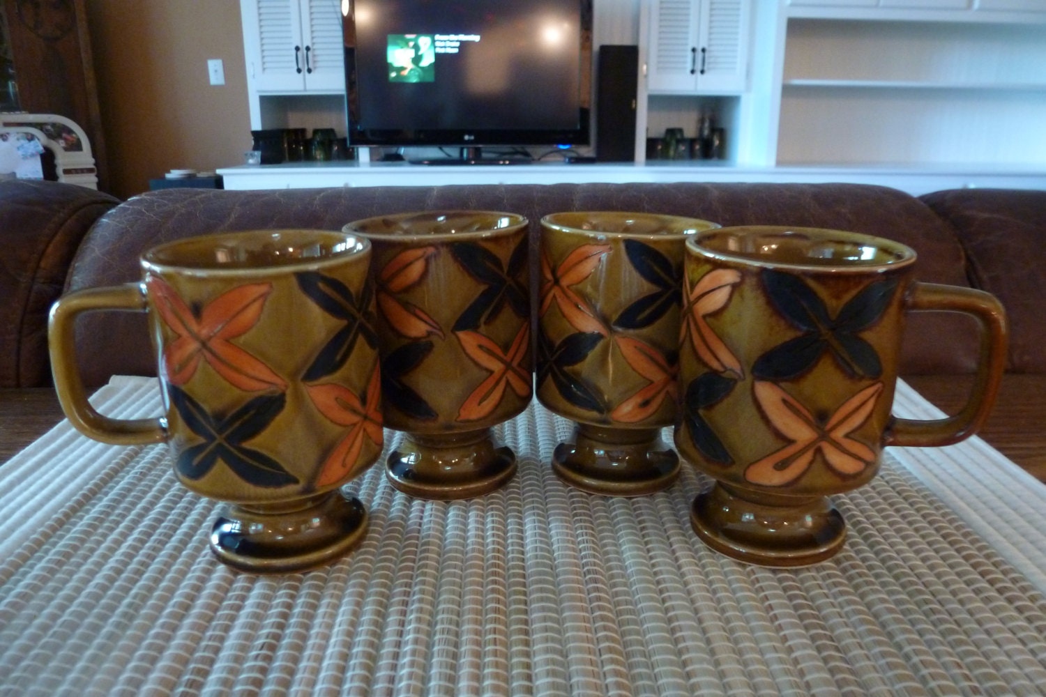 Vintage Coffee Mugs, Mugs, Footed, Ceramic, Rust, Brown, Golden ...