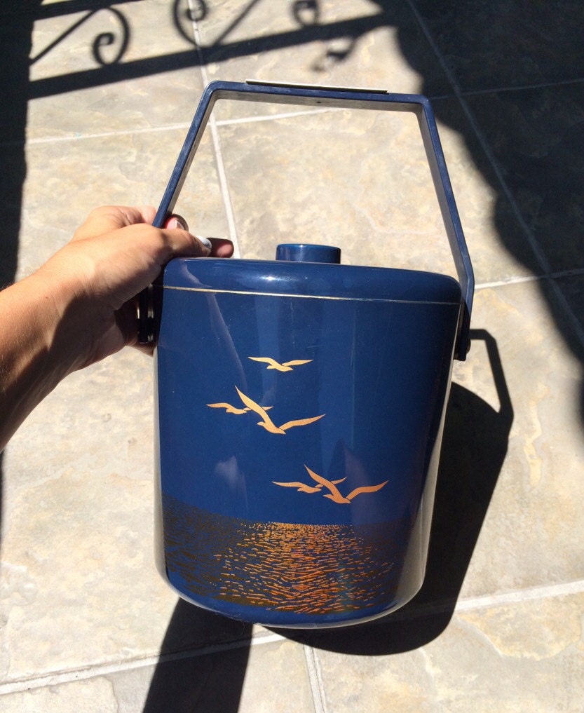 Vintage KHYC Navy Blue and Metallic Gold Nautical Seagull Ice Bucket ...
