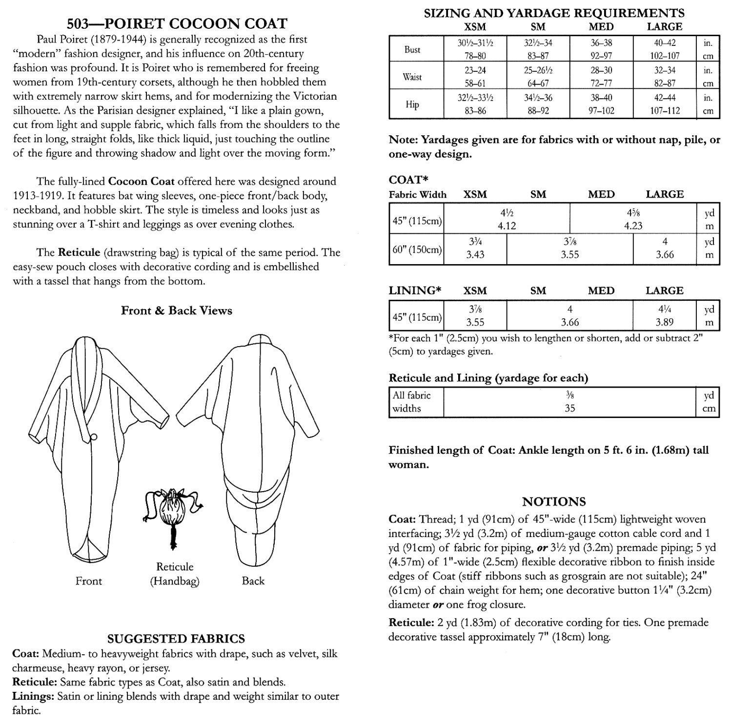 Folkwear Poiret Cocoon Coat & Reticule Drawstring Handbag Sewing ...