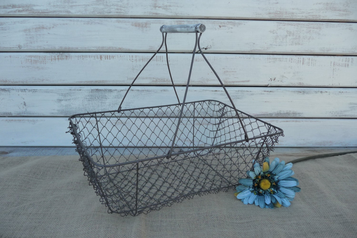 Wire Mesh Gathering Basket with Distressed White Wood Handle