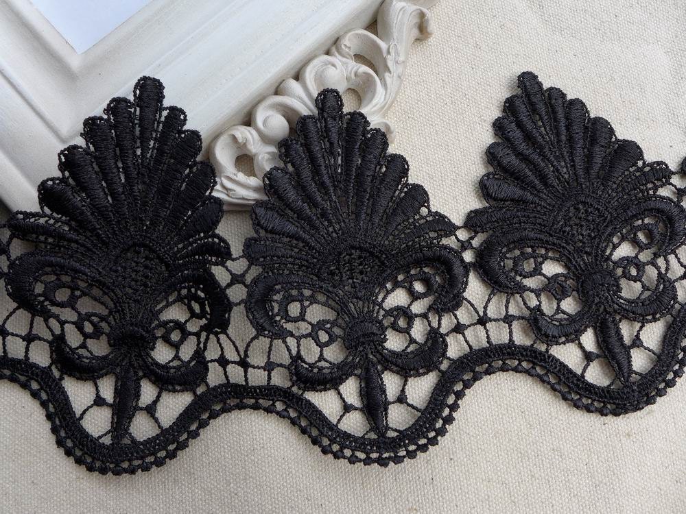 Lace Trim Black Venice Lace Fabric with Scalloped Trim For