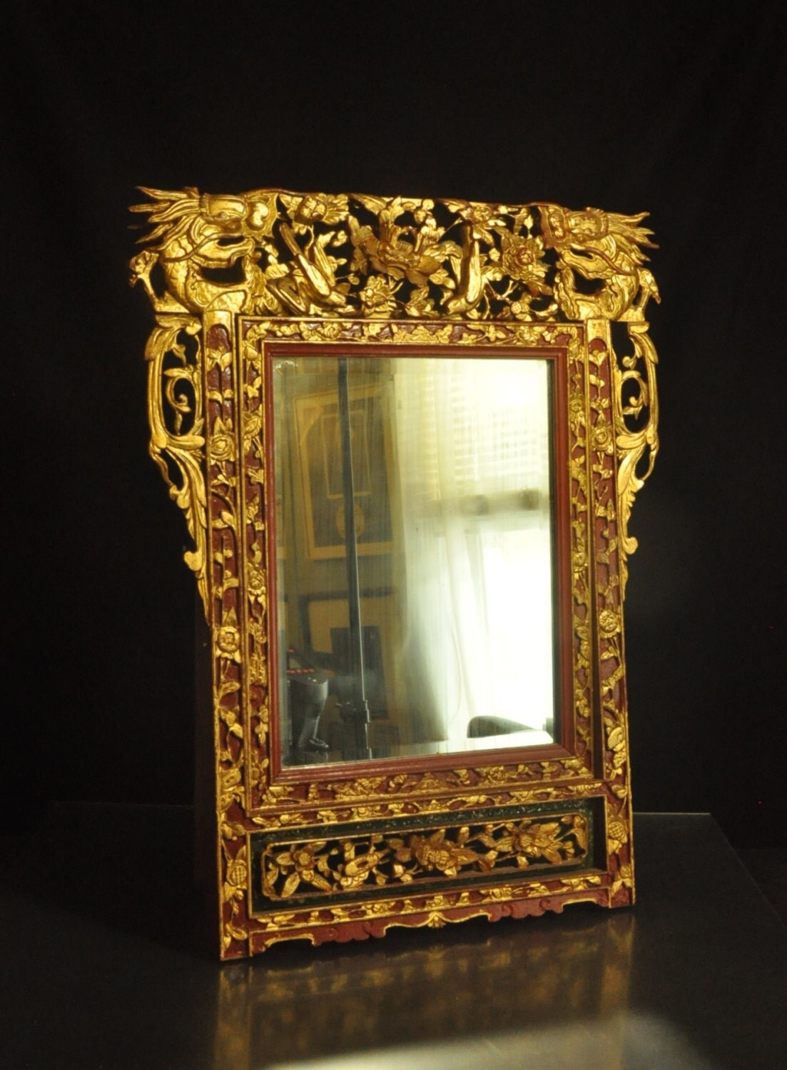 Antique Red Lacquer Chinese Mirror Circa 1900 Chinese