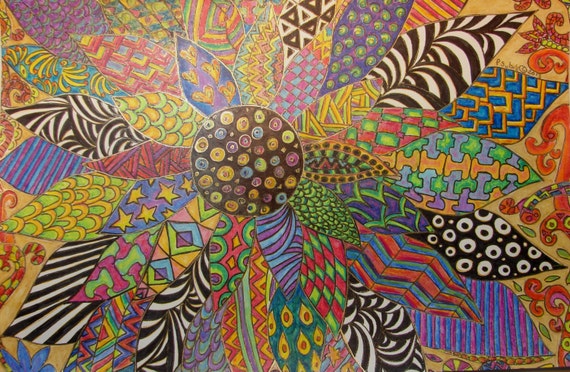 Items similar to Sunflower, colorful zentangle, original, artwork ...
