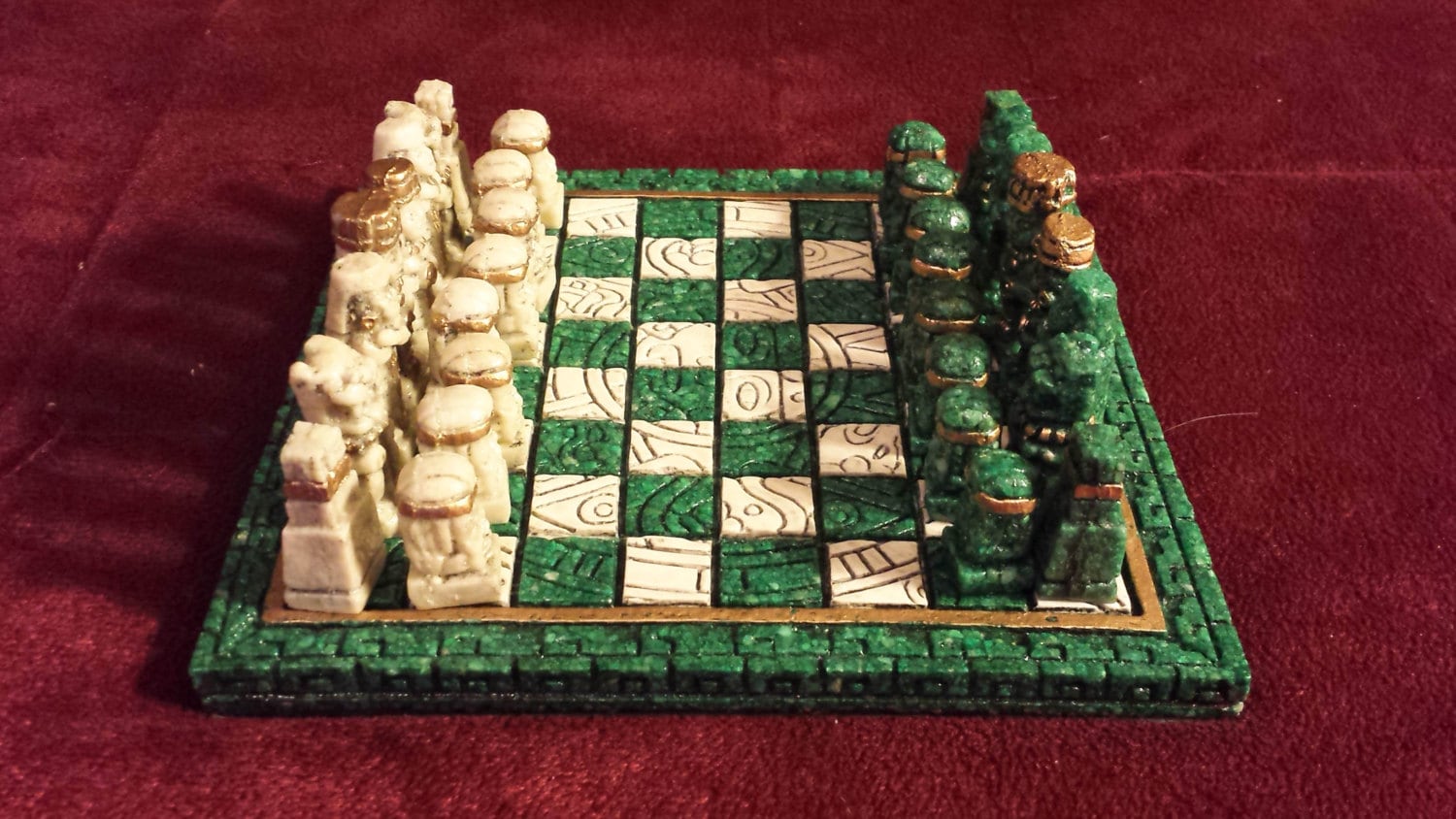 Vintage Chess Set Stone Carved Aztec Chess by YellowBirdThrifts
