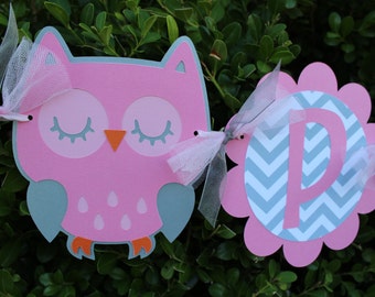 New Pink and Grey Chevron Owl Name Banner-Up To 8 Letters, Pink Owl ...