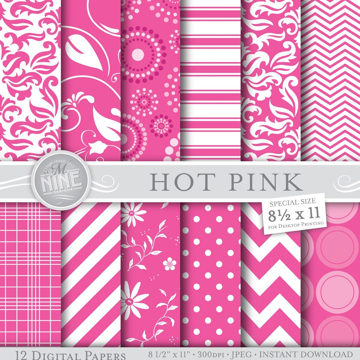 HOT PINK Digital Paper 8 1/2 x 11 Pattern Prints
