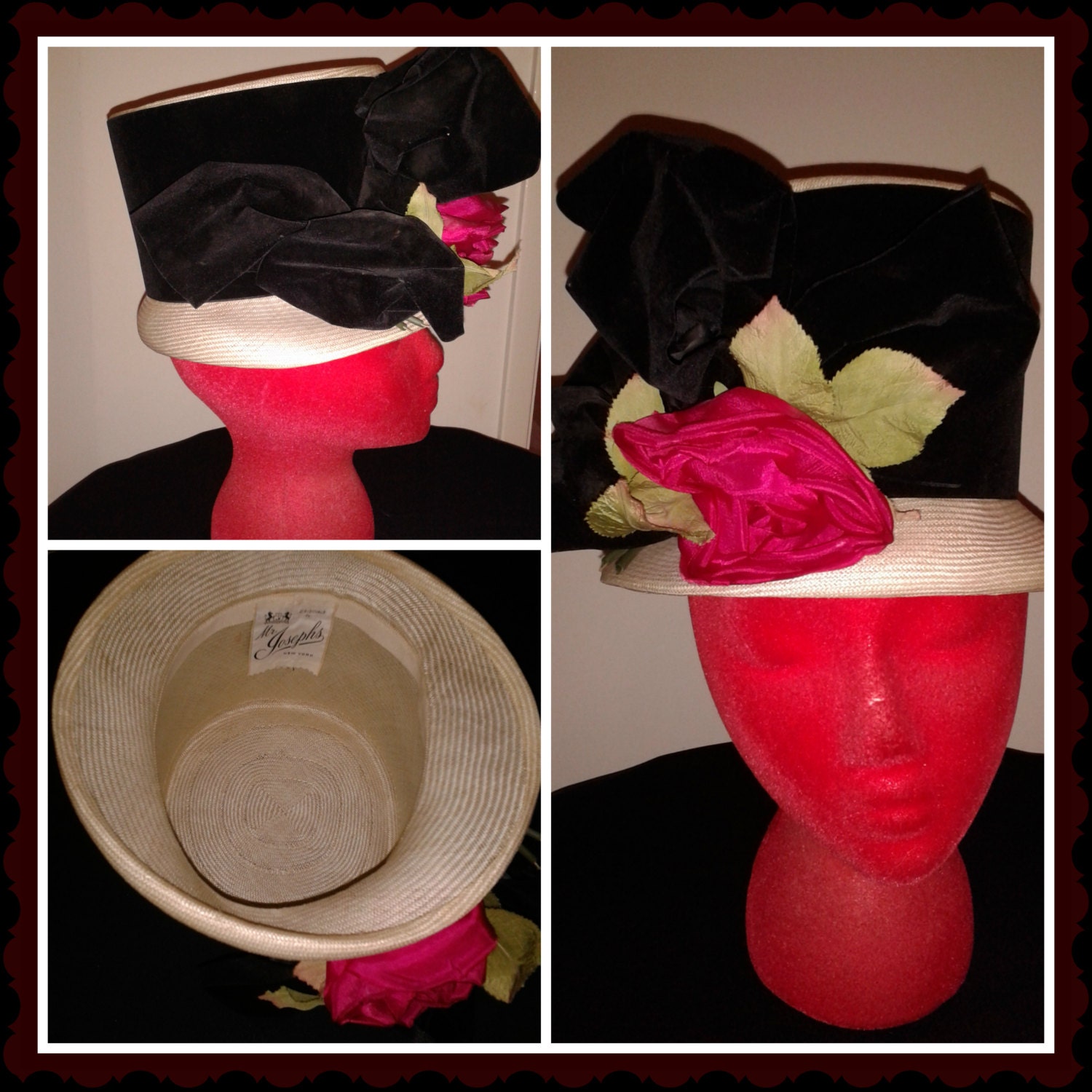Vintage 50’s/ 60’s Mr. Joseph Hat / Straw Rose Derby / The Garden Party ...