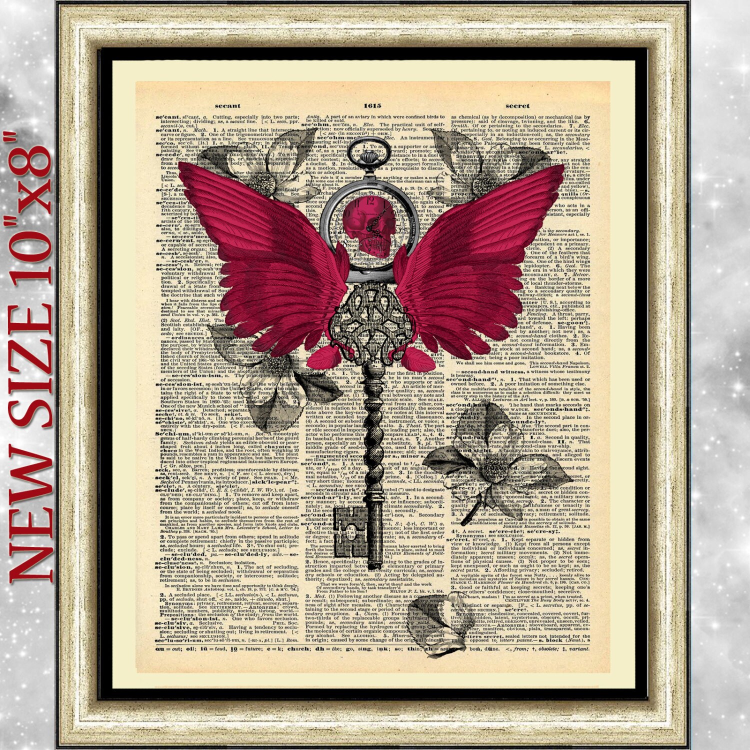 Steampunk key art print on antique book page. Gothic skull and