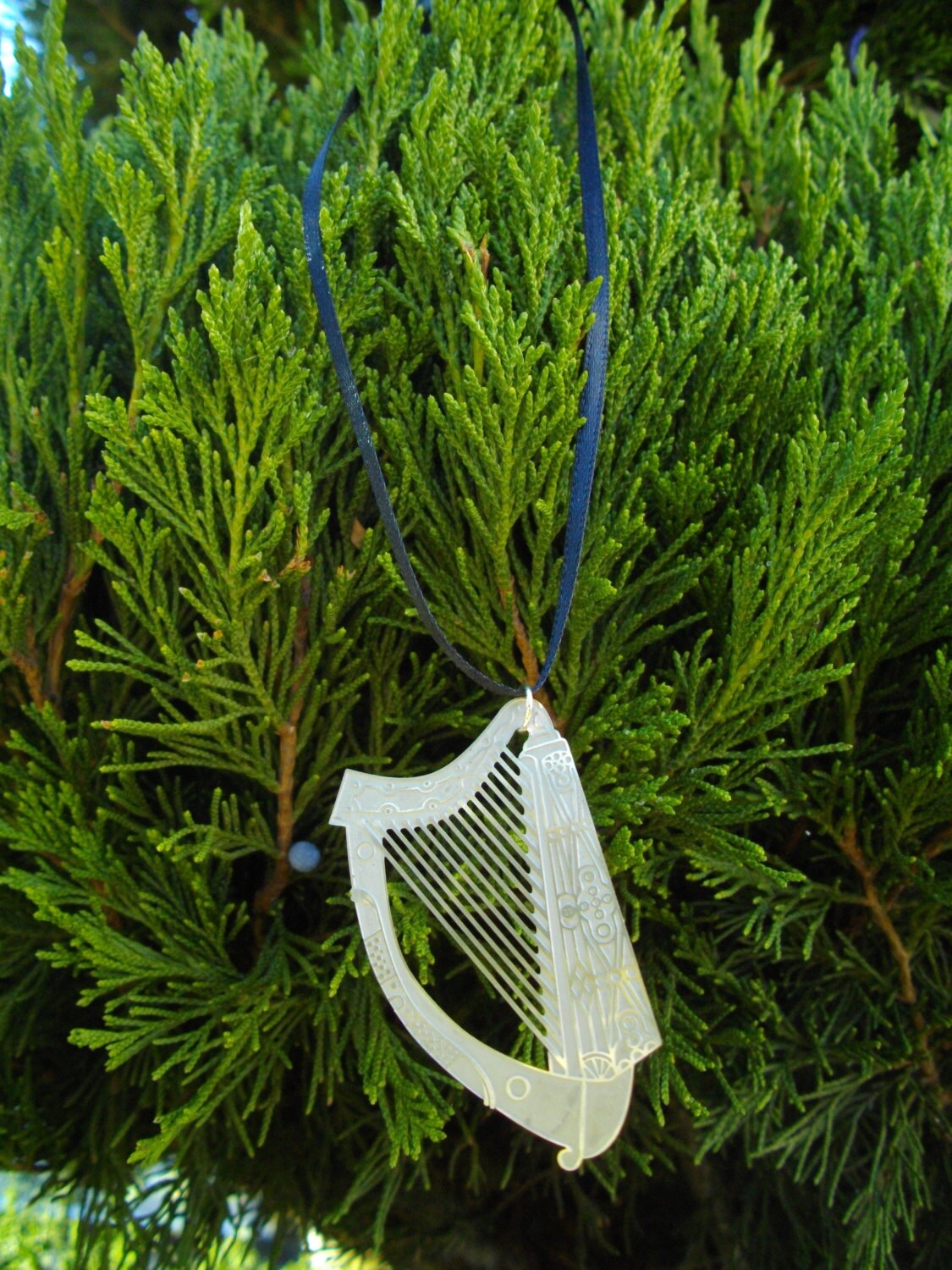 Small Celtic Harp Ornament on Narrow Ribbon by CelticaTreasures