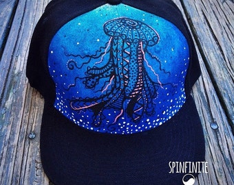 hand-painted snapback hat - 'zentangle' jellyfish hat - wearable art