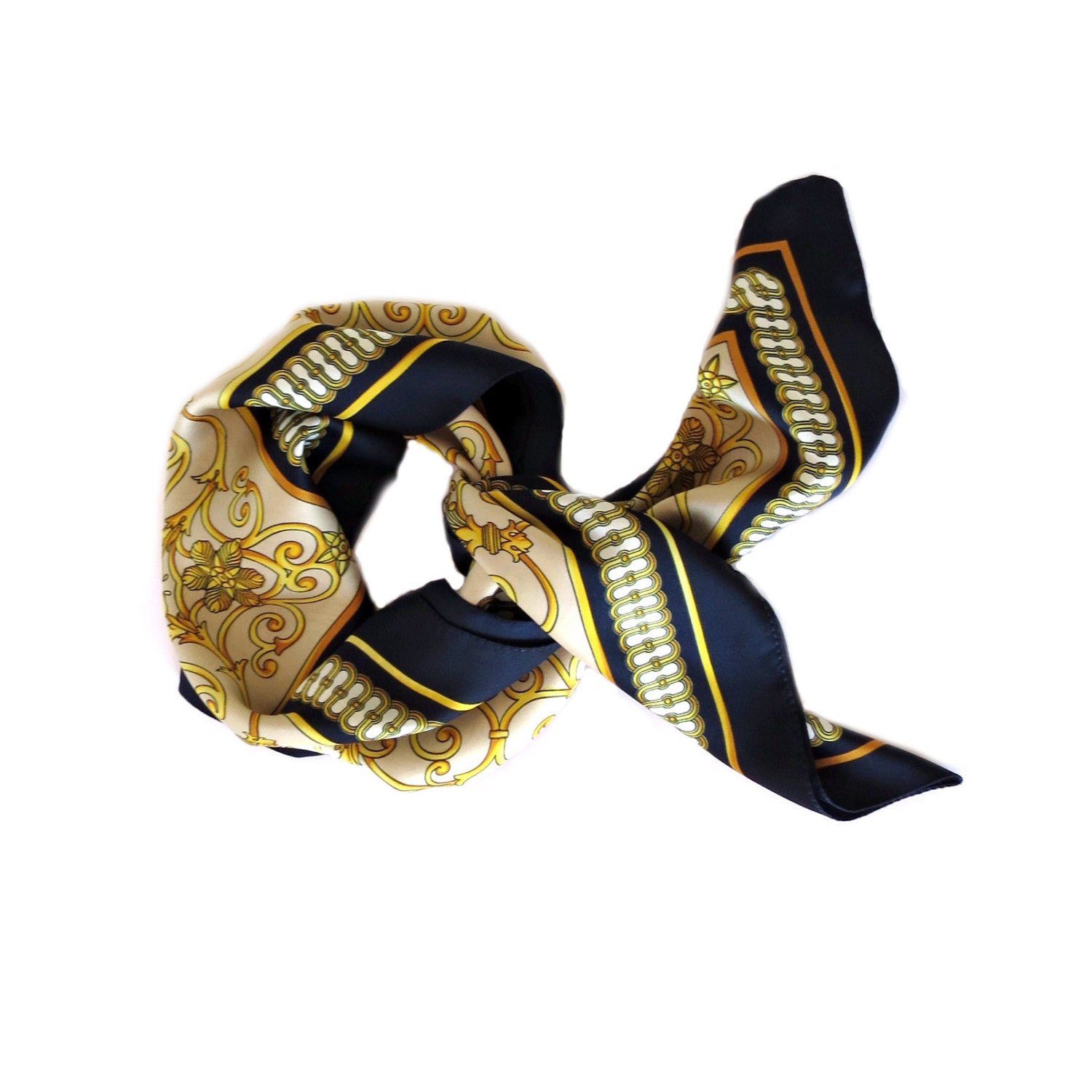 VINTAGE SCARF with Baroque Design – Polyester Square Scarf with Navy ...