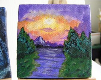 Items similar to Mountain Sunset Mini Painting Orange Sunset Minimalist ...