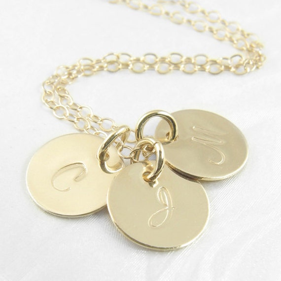Solid 14k Gold Triple Initial Necklace Gold by RhondaLynneJewelry