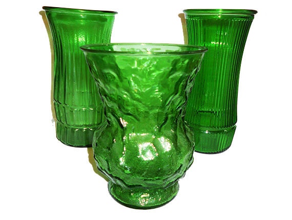 3 Vintage Emerald Green Glass Vases Instant Collection