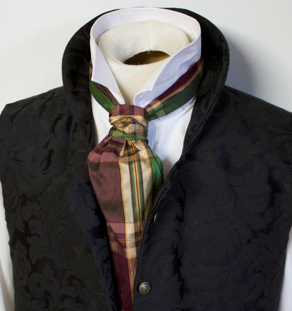 FORMAL Victorian Ascot Tie Cravat Emerald Gold Plum Plaid
