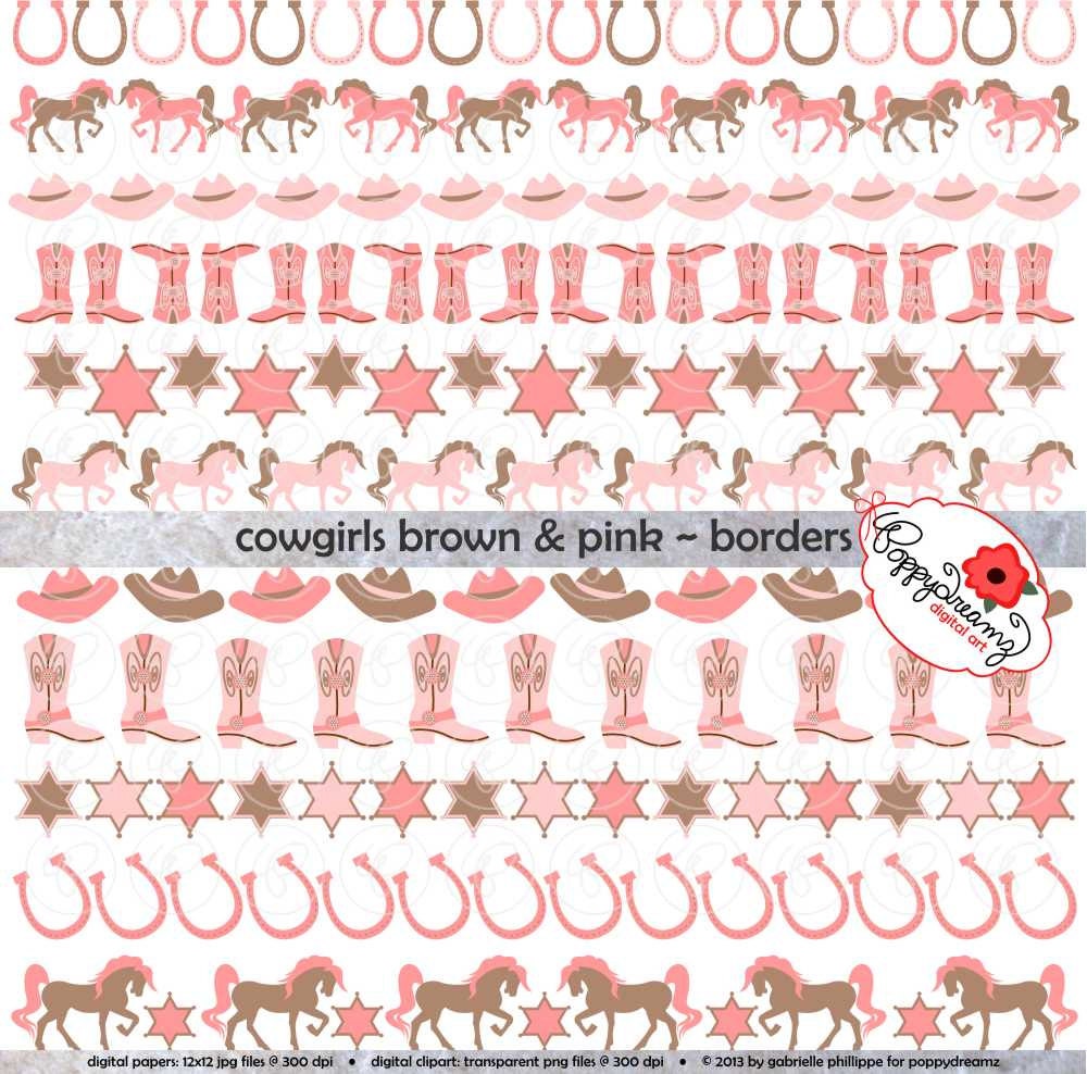 Cowgirls Brown & Pink Borders: Clip Art Pack 300 dpi