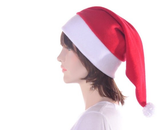 Red White Stocking Cap Fleece with Pompom Fuzz Ball