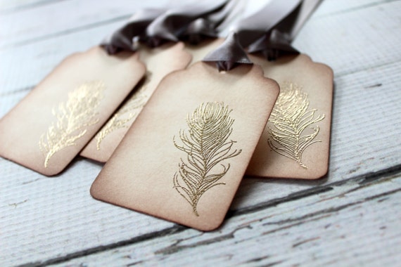 Items similar to Vintage Inspired Embossed Feather Tags - Champagne ...