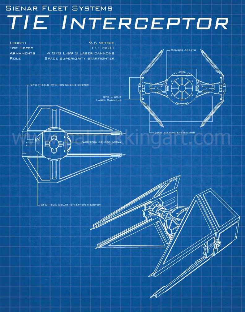 Star Wars TIE Interceptor Schematic Art Print by patrickkingart