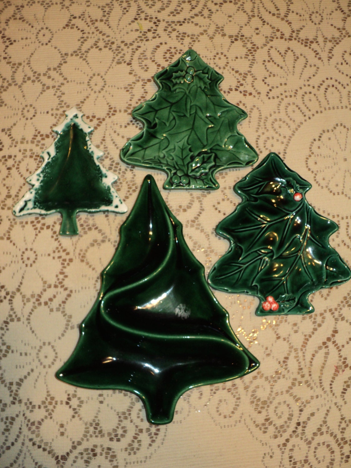 OH CHRISTMAS TREES! How lovely a collection. 4 pieces of Green Glazed ...