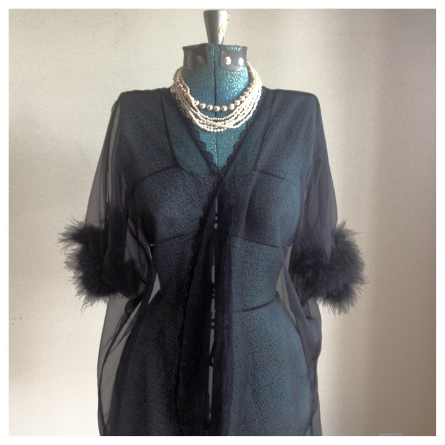 SALE Vintage sheer black robe with fur sleeves / sexy sheer