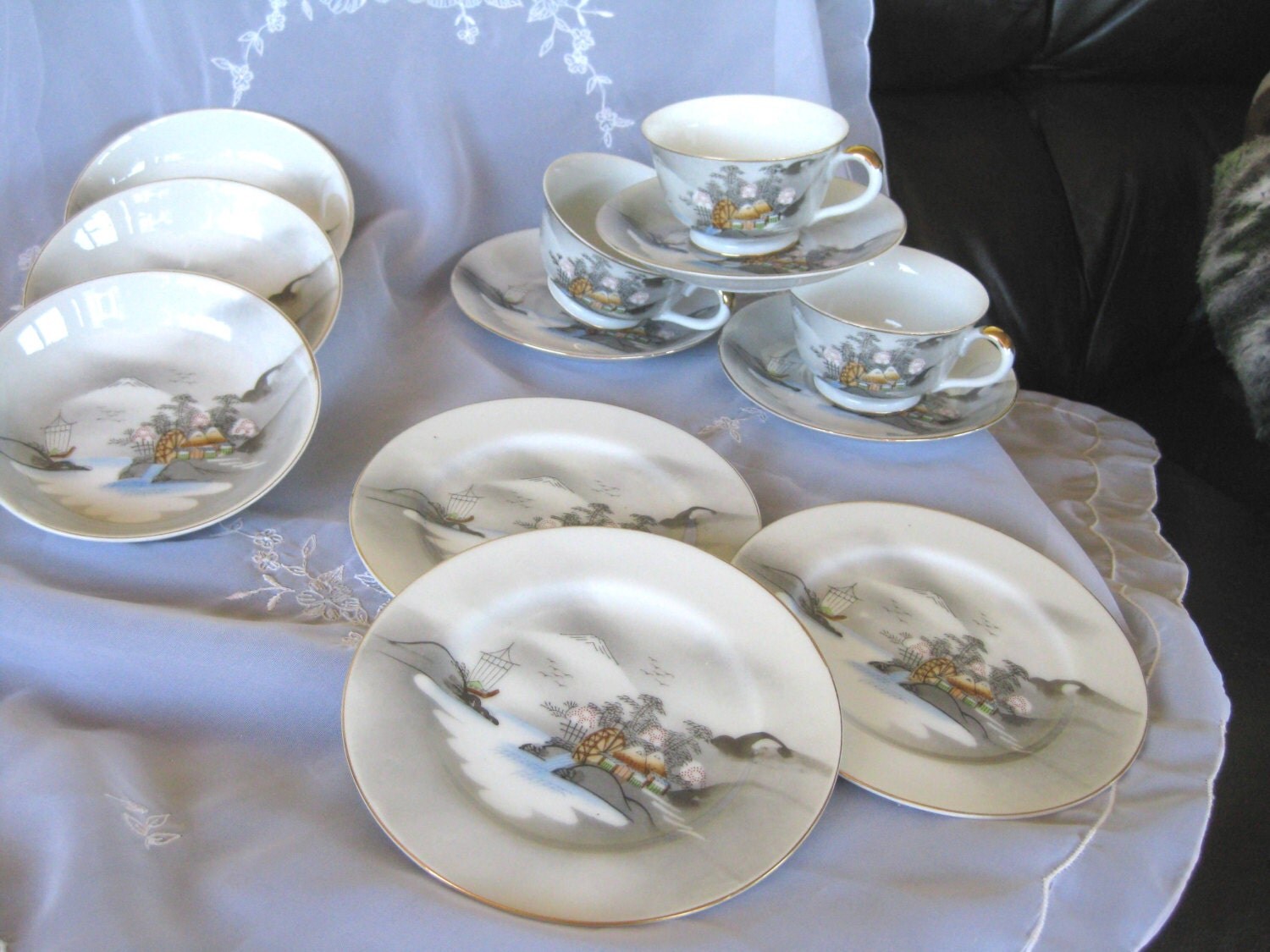 RARE Vintage Handpainted Kutani Tea for Three very good set of 12 ...