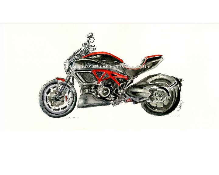 Ducati Motorcycle Drawing Pen and Ink Watercolor by WildFernFarm