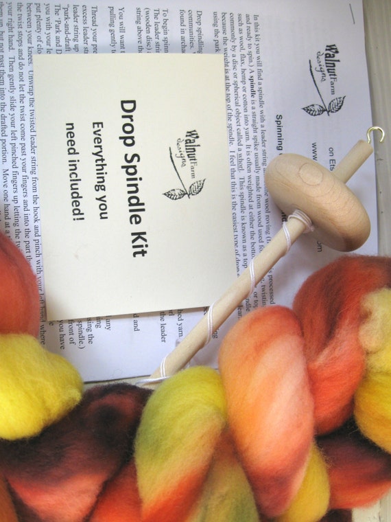 Drop Spindle Kit for Beginner w/ Fiber Top Whorl Wool Yarn