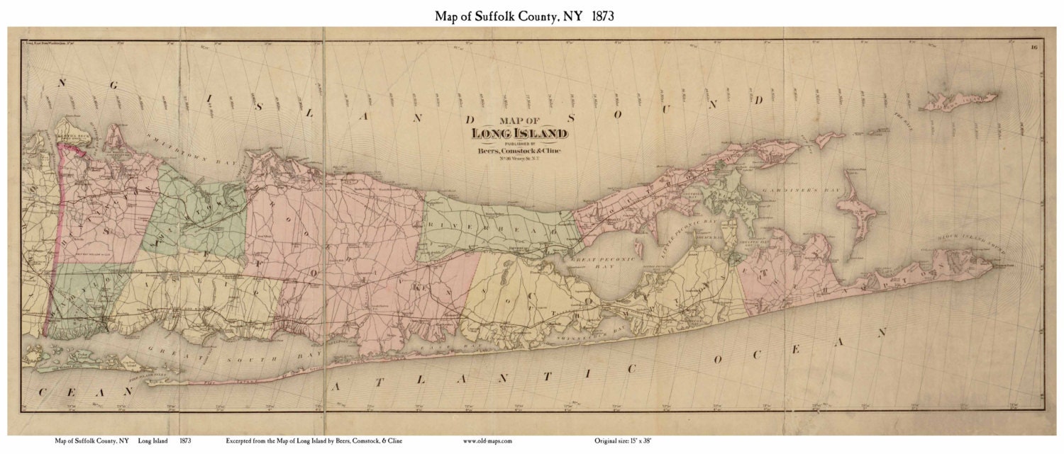 Long Island Suffolk County NY 1873 Map by Beers Comstock