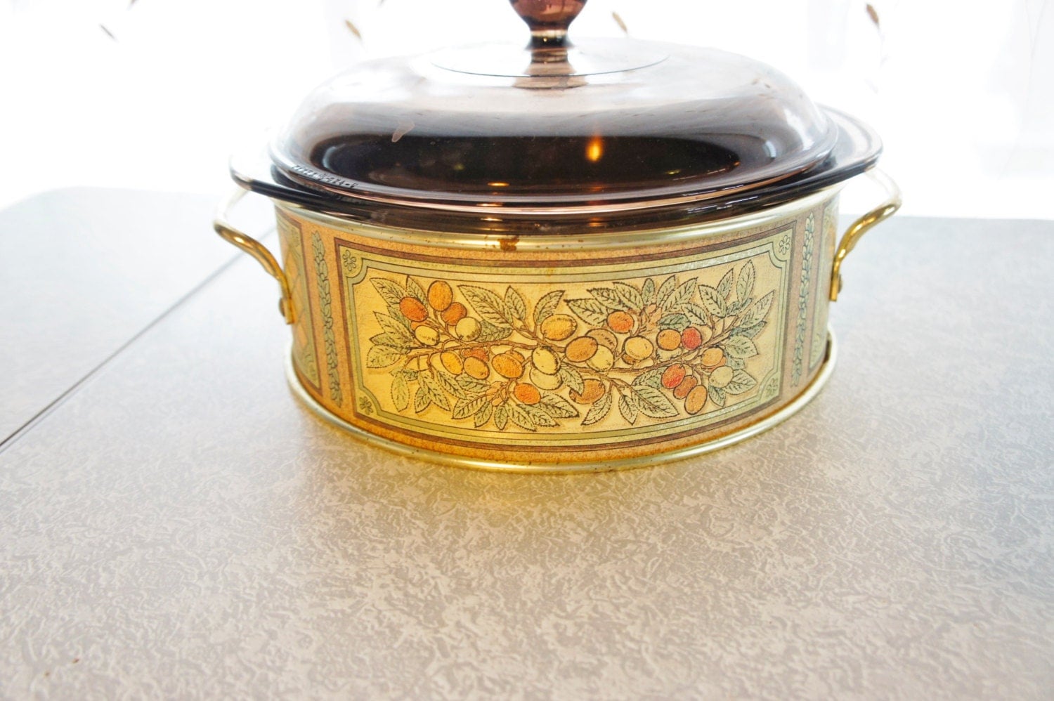 vintage Pyrex Originals Fireside Covered Casserole with gold tin server ...
