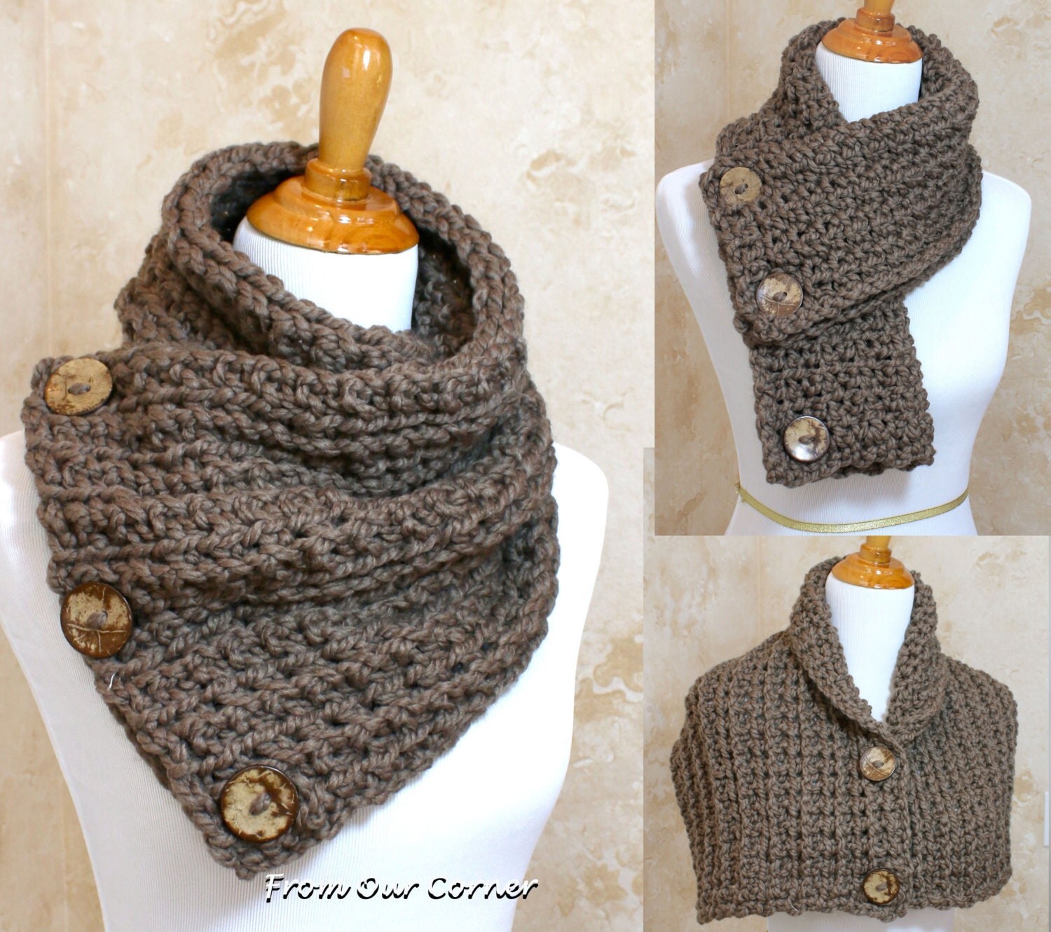 Crochet Scarf 3 Button scarf Wrap cowl Dallas Dreams Scarf
