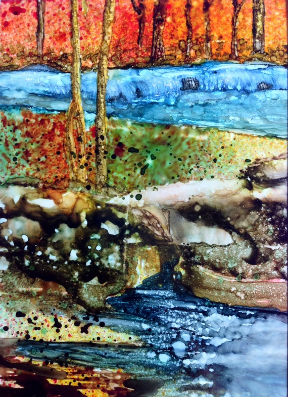 Original Alcohol Ink Painting. Autumn Brook.