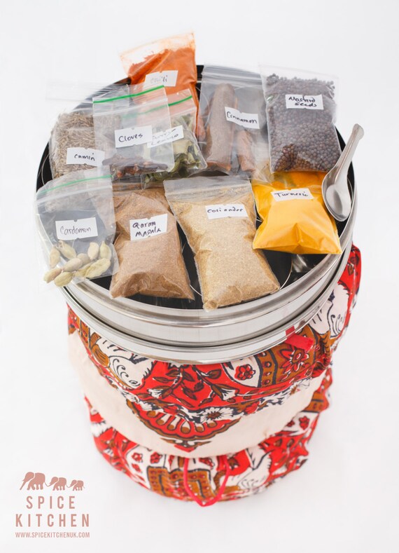 Spice Tin Masala Dabba with Handmade Silk Sari by SpiceKitchenUK