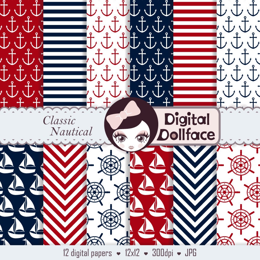 Nautical Digital Paper Set Scrapbook Paper Pack Anchor Sea