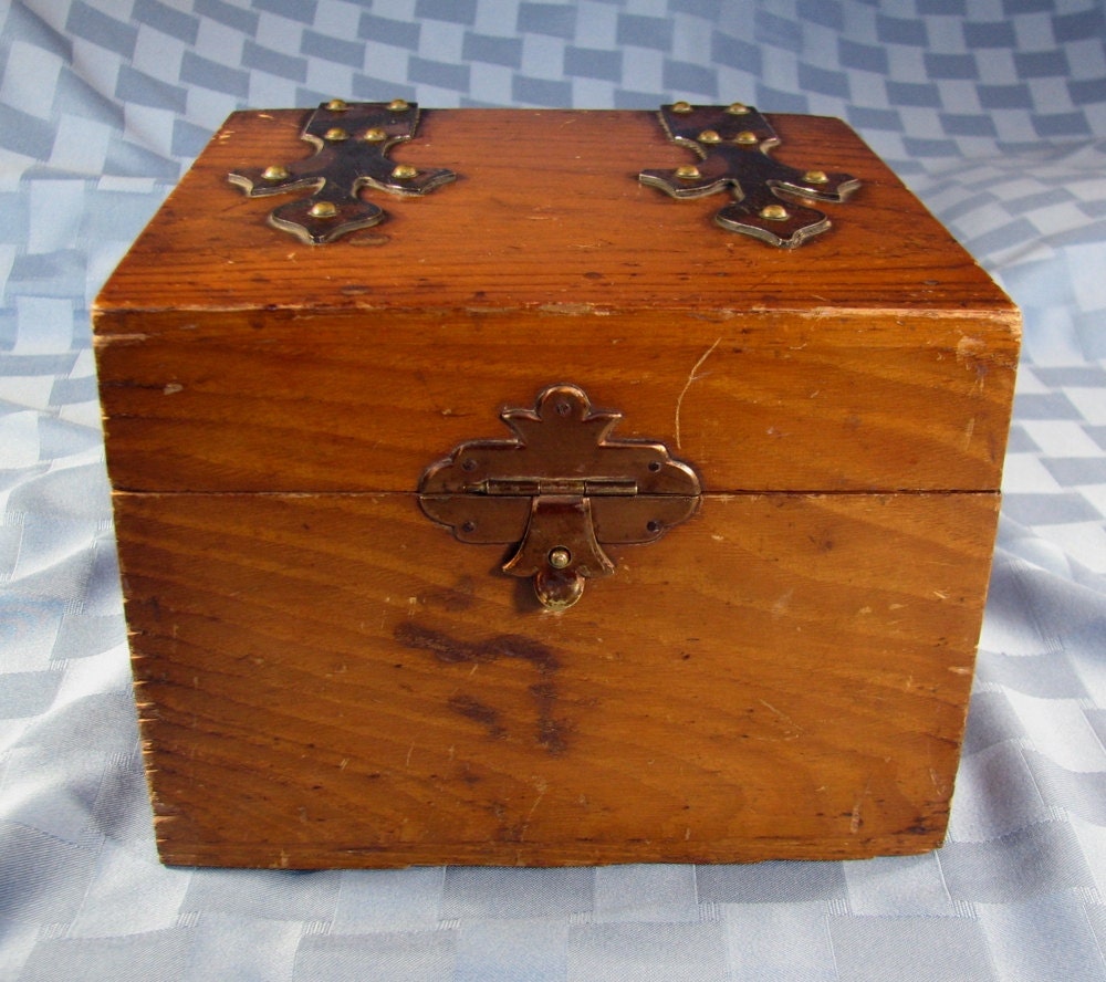 Antique Wooden Collar Box with Decorative Metal Accents