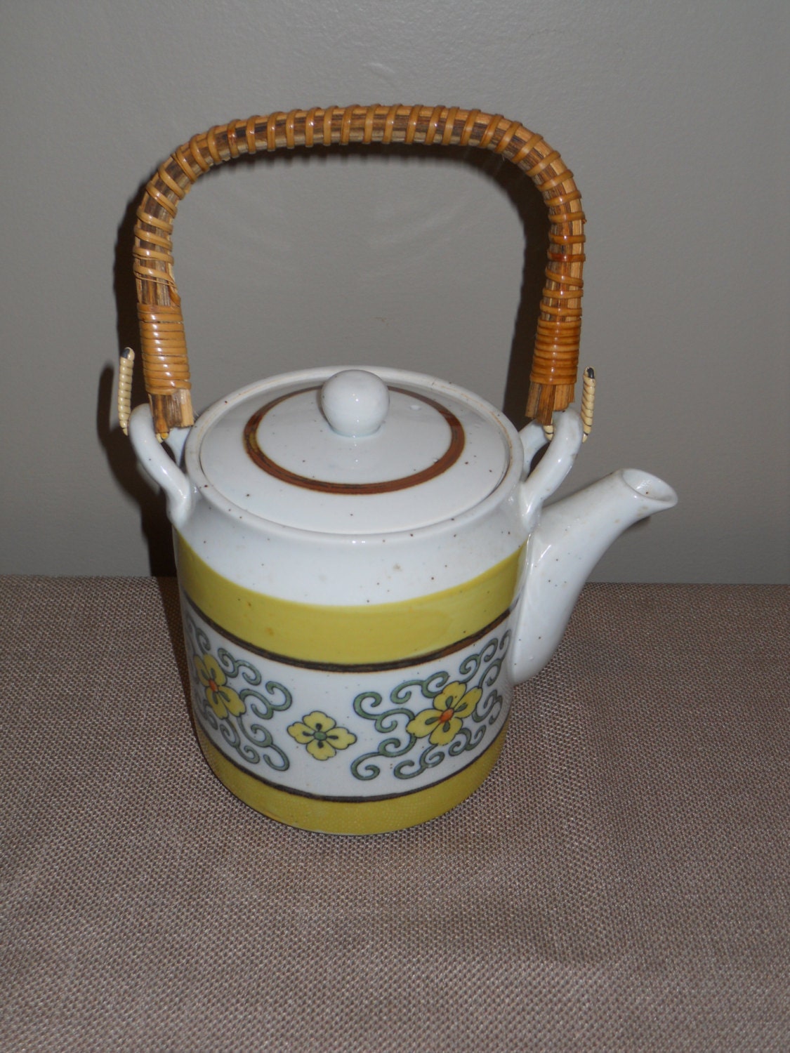 Pretty Little Japanese White Speckled Ceramic Teapot With Yellow and ...