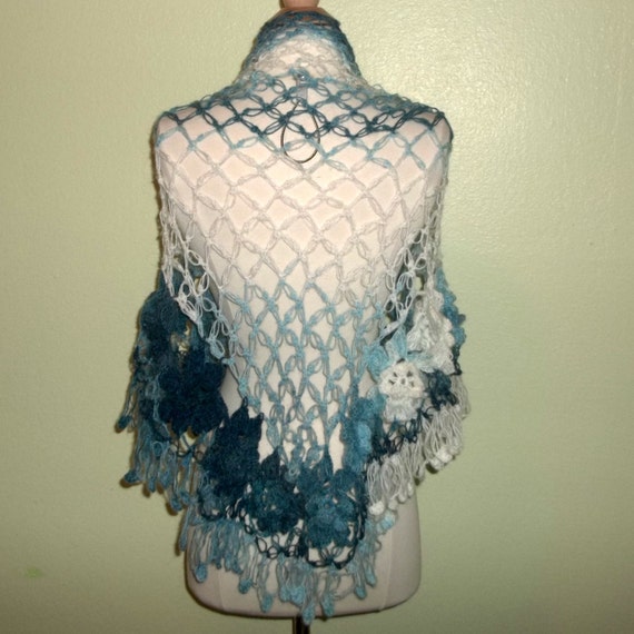 On Sale Mohair Crochet Shawl Triangle Blue And White Lace