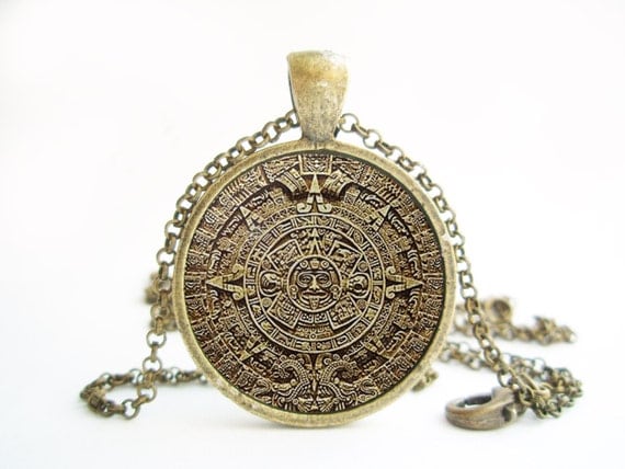 Sun Stone Aztec Calendar Pendant Necklace Silver by WhitePiano