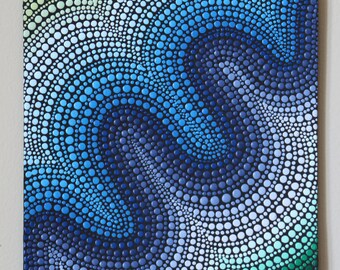 Original Dot Painting Rounded Zig Zags of Blue. Acrylic on Birch Wood ...