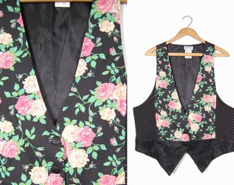 Large Floral Print Hipster Vest // Black 90s Grunge Vest // 90s ...