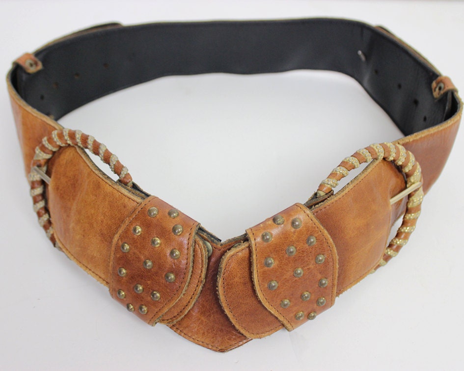 80s leather belt / vintage wide tan belt / double buckle statement belt ...