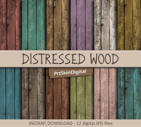 Wood digital paper "Distressed Wood" with 12 color ways of Shabby Chic ...