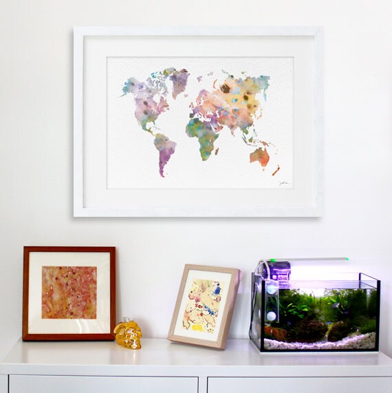 Colorful World Map Art Watercolor Painting 16x20 by ElfShoppe